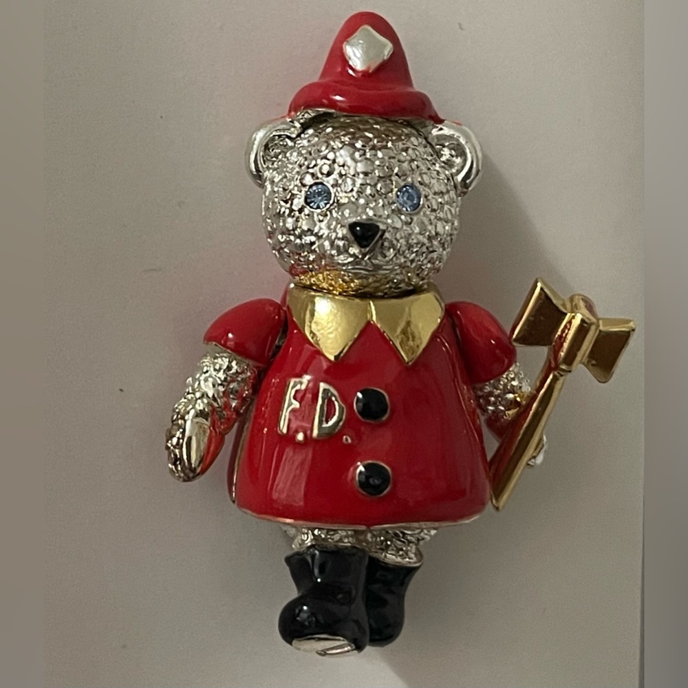 Vintage Napier Firefighter Teddy Bear Brooch - Gem